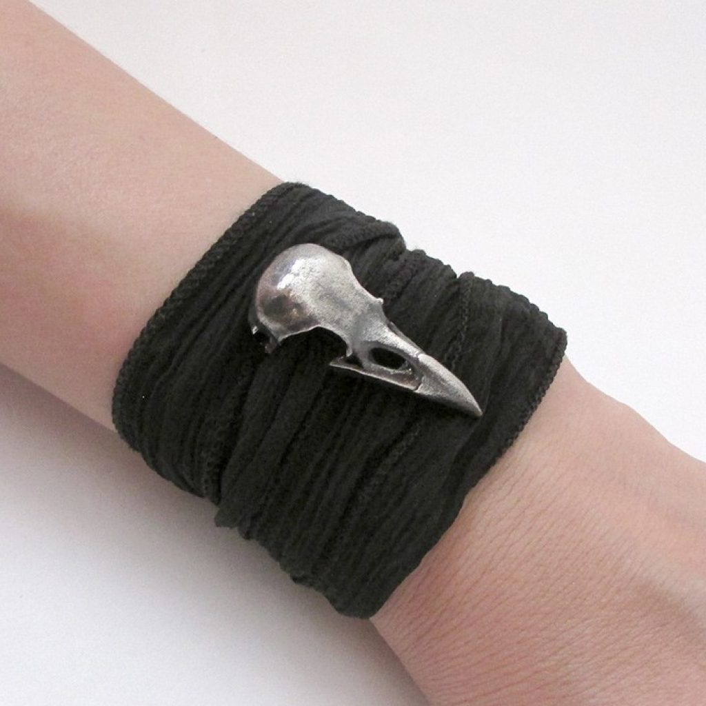 Small Raven Skull Bracelet | Silk or Leather Wrap Bracelet | RavynEdge