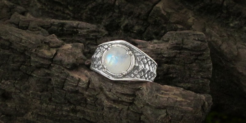 Draco Ring with Rainbow Moonstone | Dragon Scale Gothic Style Rings