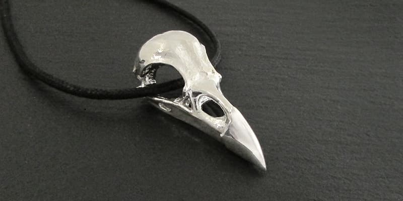 Large Sterling Silver Raven Skull Pendant | Bird Skull Necklace